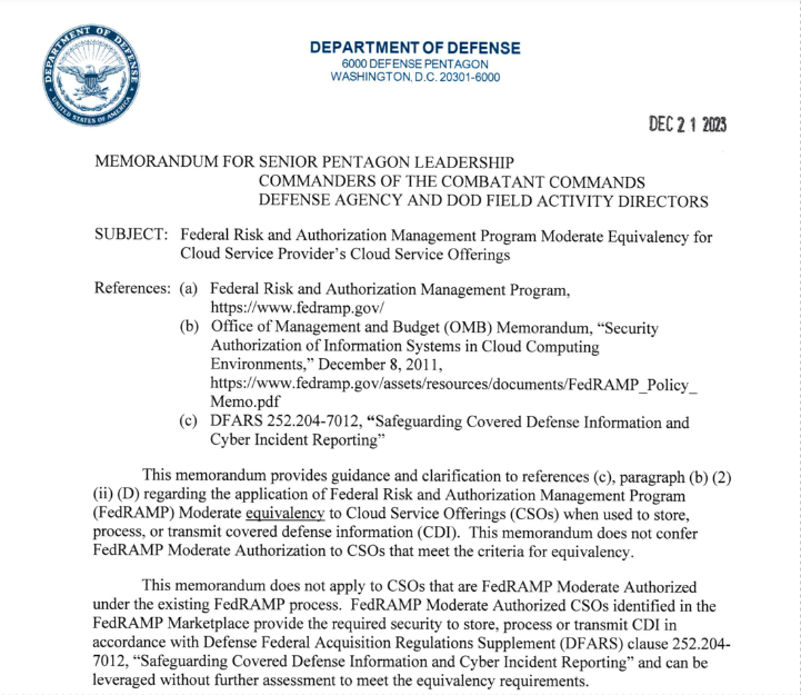 FedRAMP Memo: DoD Contractors are Now Responsible for Their "Equivalent" Cloud Service Provider ...